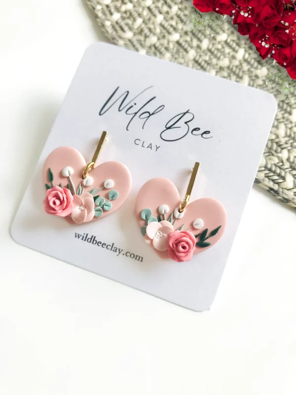 Pinky Floral Heart Dangle - WildBeeClay