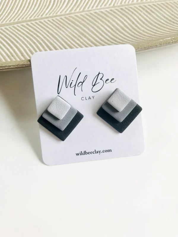 Black Tones Square Studs - WildBeeClay